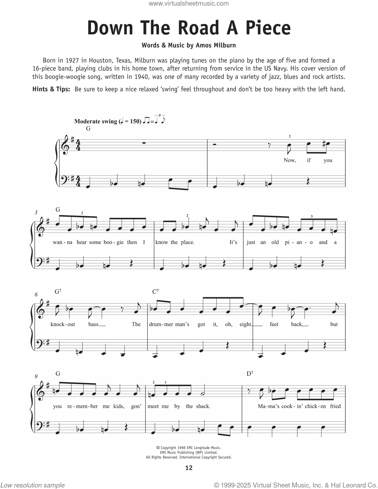 Down The Road Apiece sheet music for piano solo (PDF)