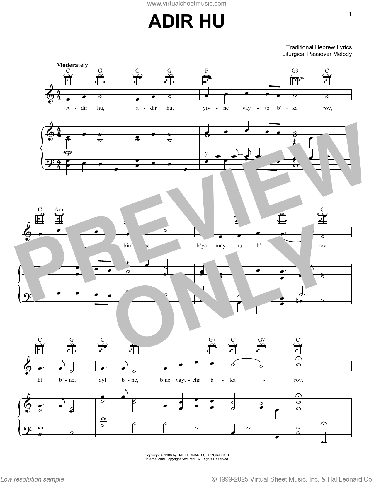 Adir Hu sheet music for voice, piano or guitar (PDF-interactive)
