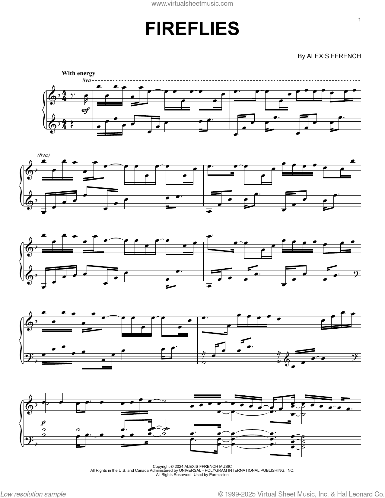 Alexis Ffrench: Fireflies sheet music for piano solo (PDF)