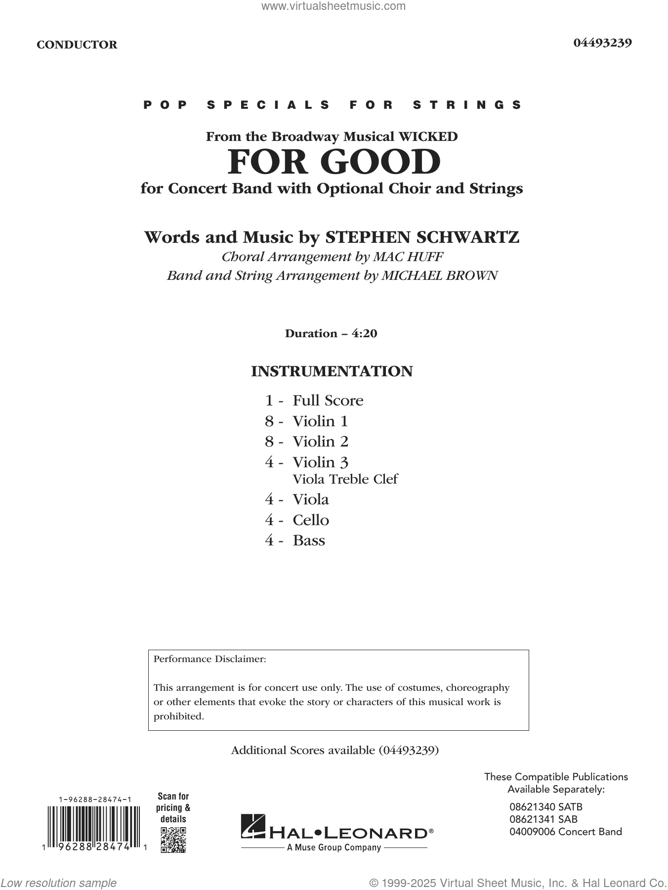 For Good (from Wicked) (String Pak to accompany Band and Choir) sheet ...