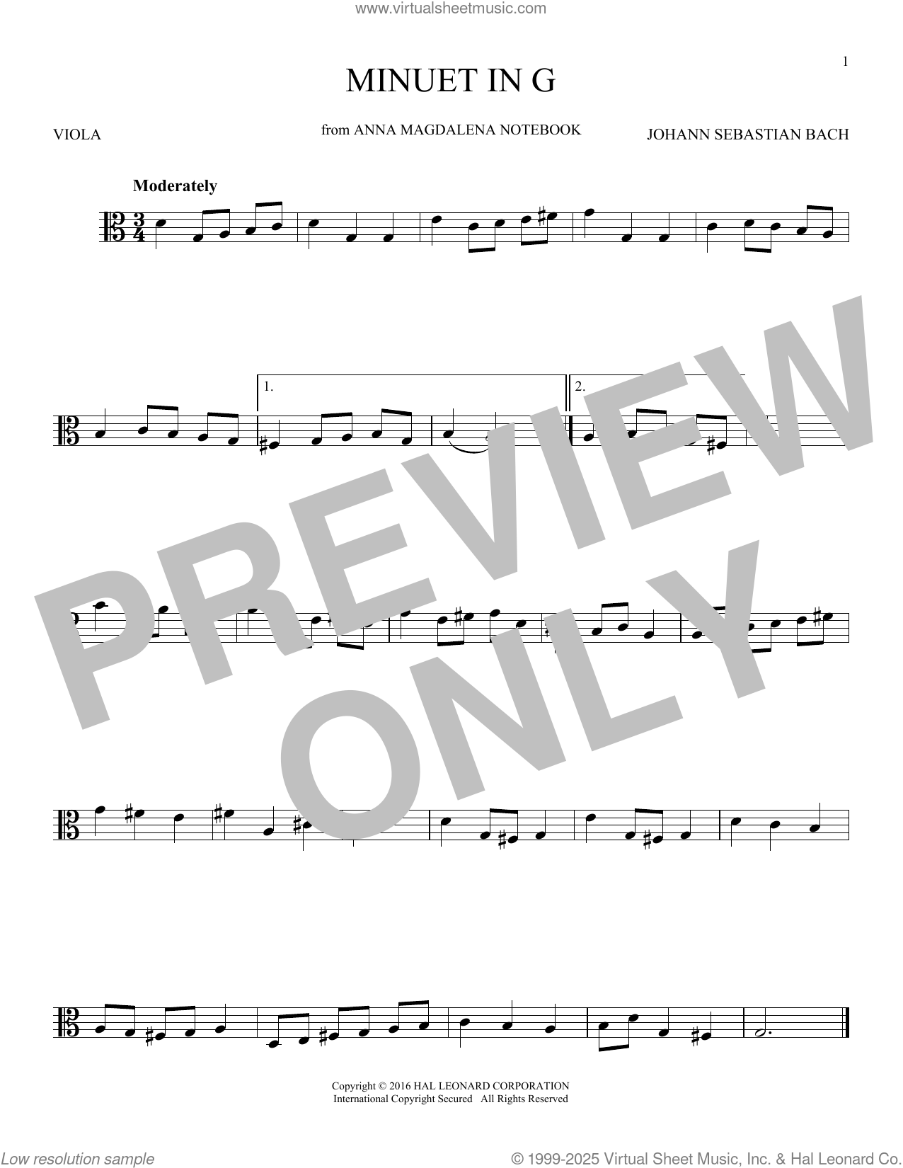 Minuet In G Major, BWV Anh. 114 sheet music for viola solo (PDF)