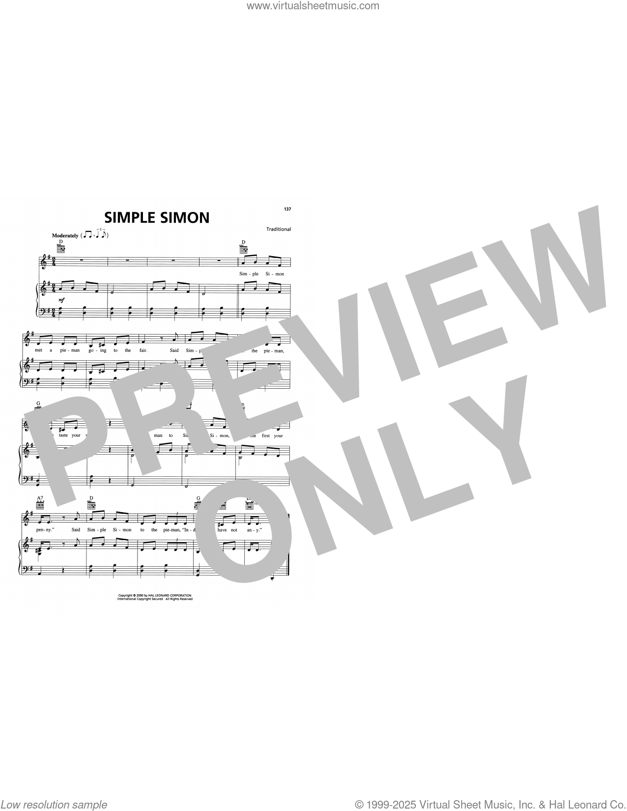 Simple Simon sheet music for voice, piano or guitar (PDF)