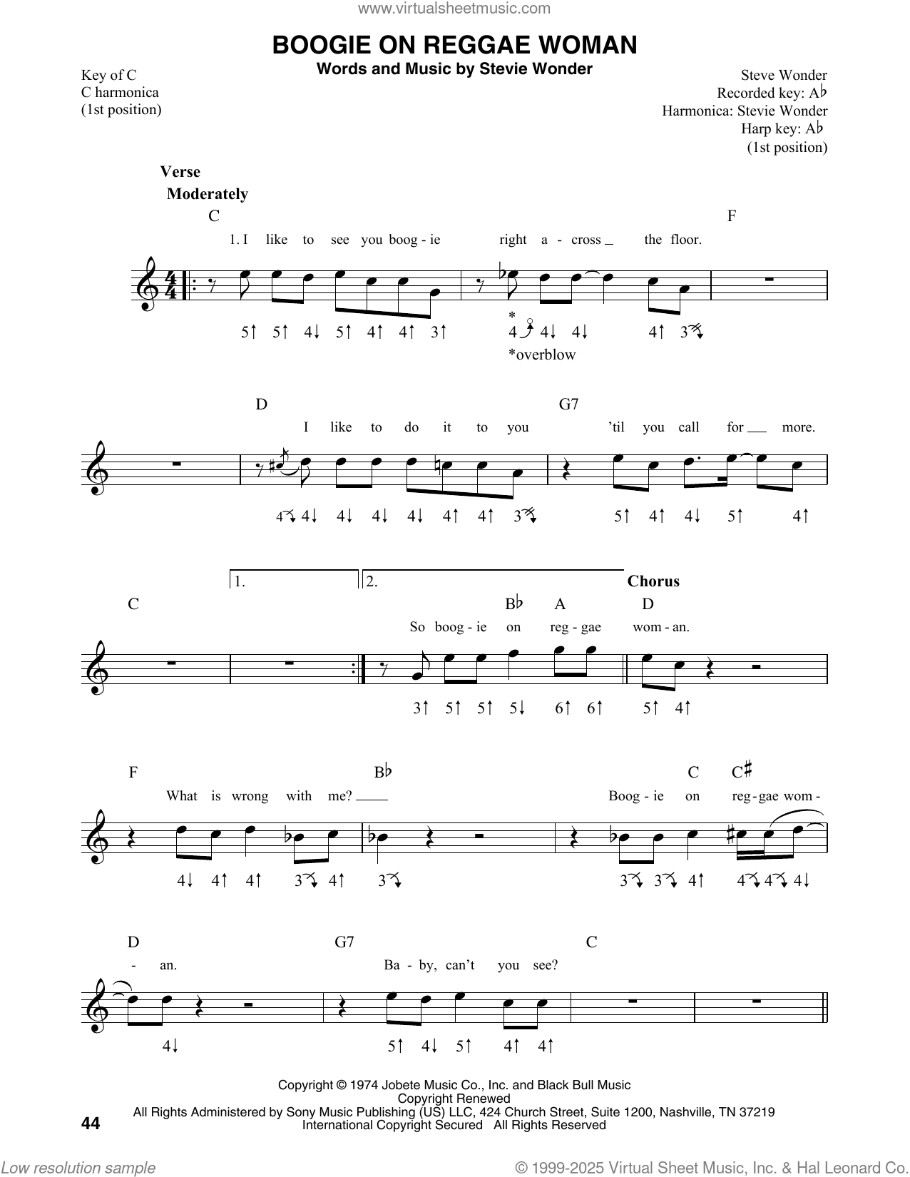 Boogie On Reggae Woman sheet music for harmonica solo (PDF)