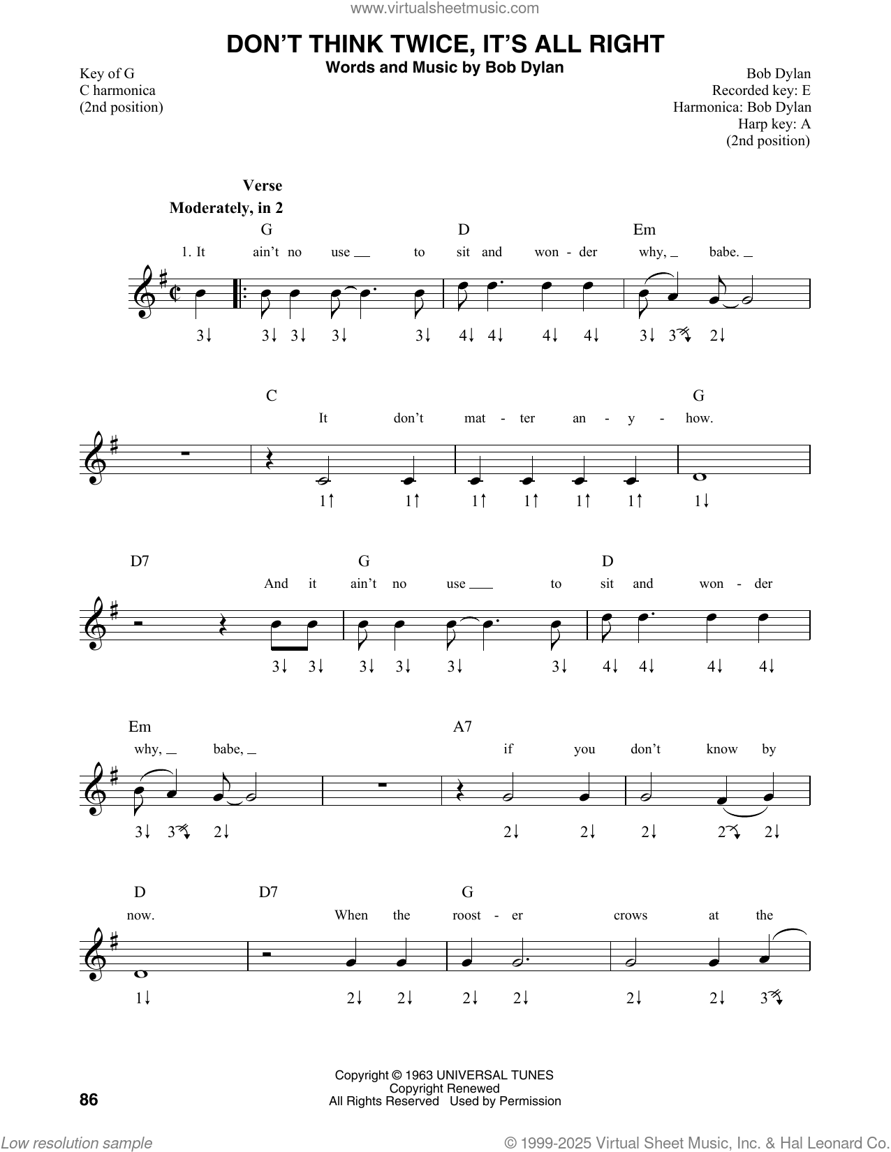 Don't Think Twice, It's All Right sheet music for harmonica solo