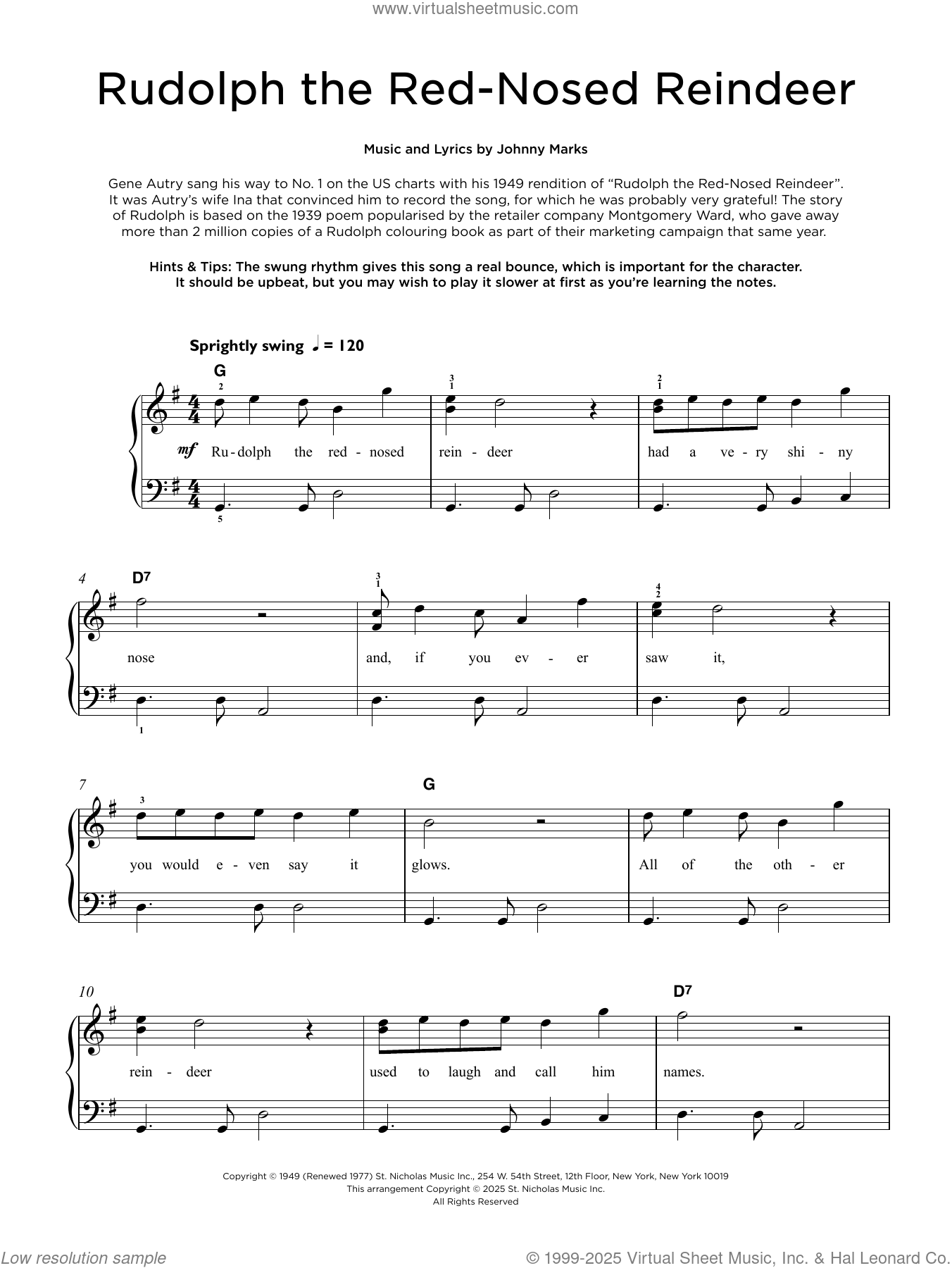 Gene Autry: Rudolph The Red-Nosed Reindeer sheet music for piano solo