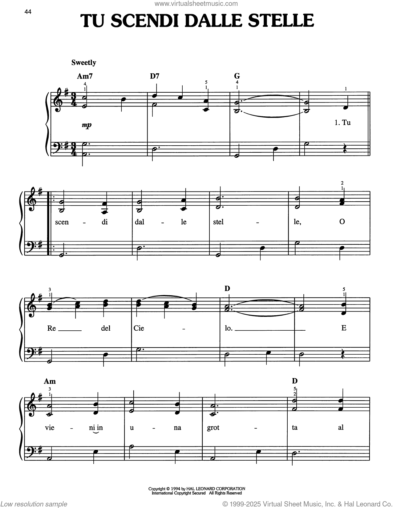 Tu Scendi Dalle Stelle sheet music for piano solo (PDF)