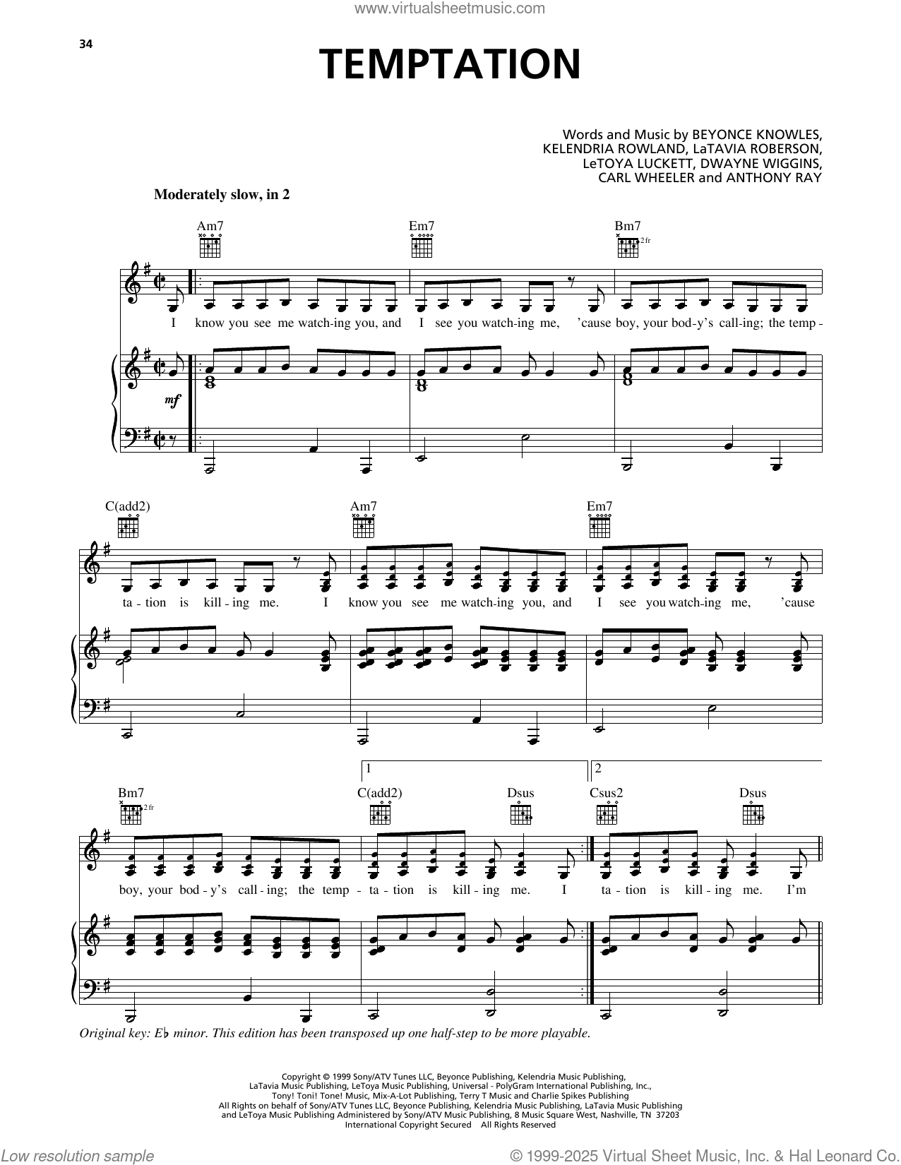 Destiny's Child: Temptation sheet music for voice, piano or guitar