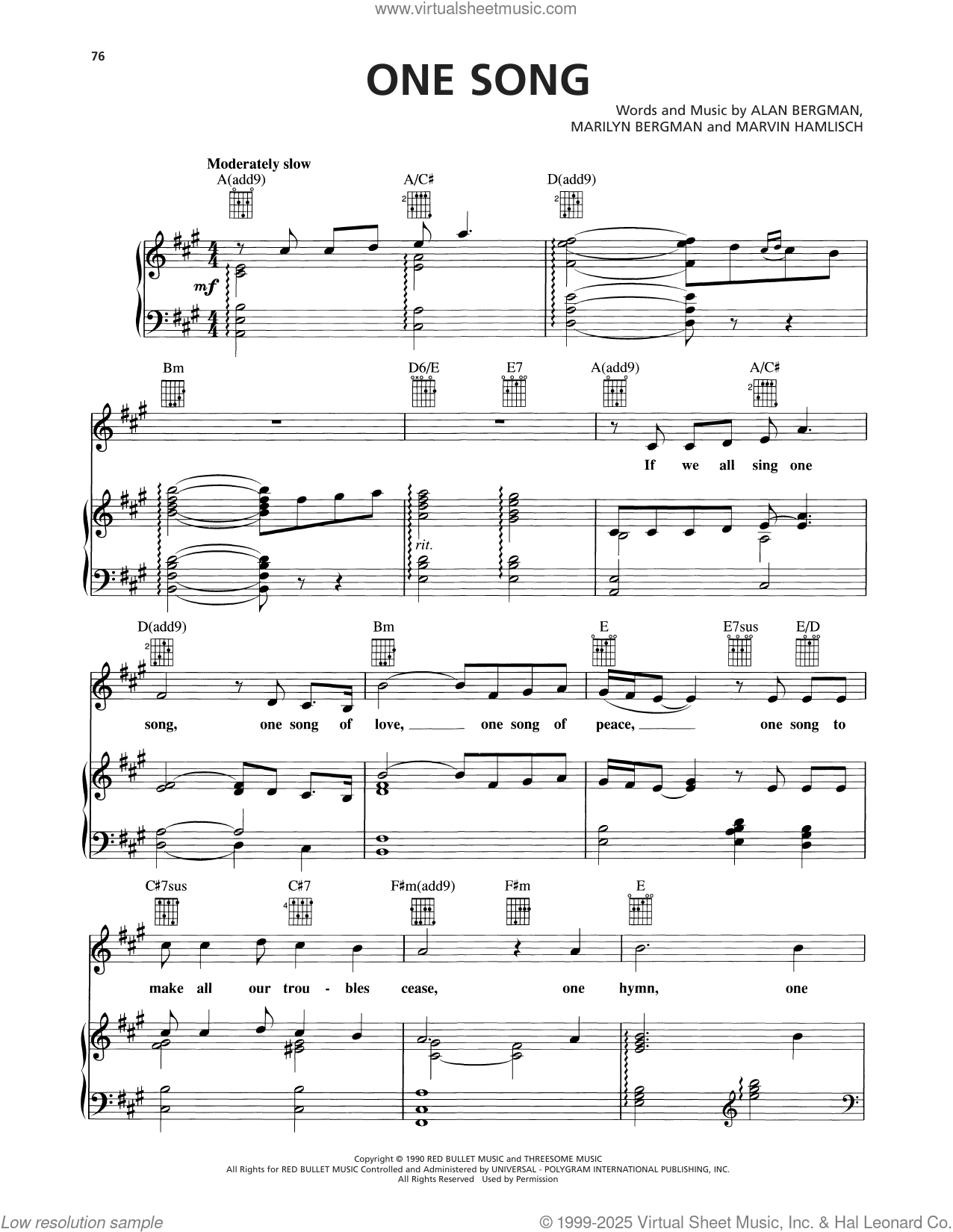 One Song sheet music for voice, piano or guitar (PDF)