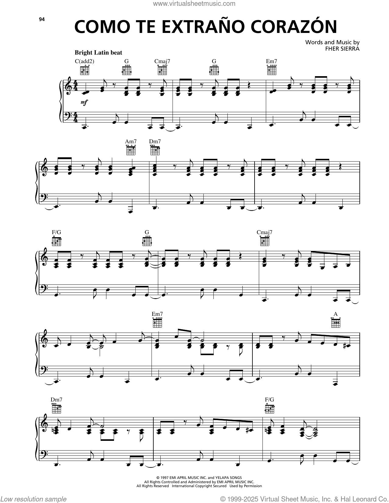 Como Te Extrano Corazon sheet music for voice, piano or guitar