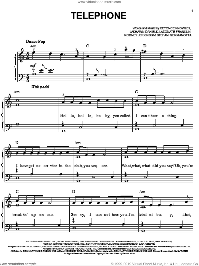 Telephone sheet music for piano solo (PDF-interactive)