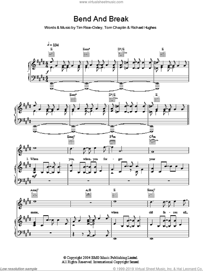 Bend And Break sheet music for voice, piano or guitar (PDF)