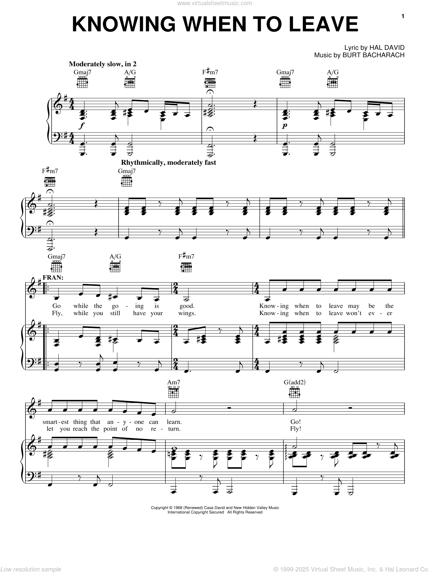 Knowing When To Leave (from Promises, Promises) sheet music for voice, piano or guitar