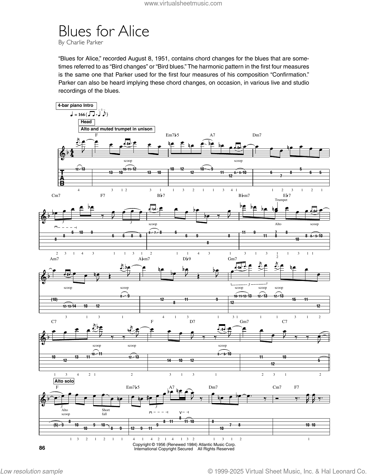 Blues For Alice sheet music for guitar (tablature) (PDF)