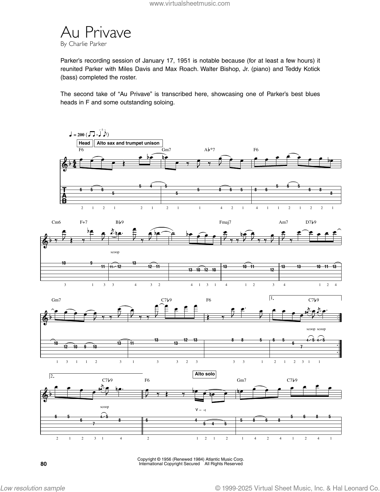 Au Privave sheet music for guitar (tablature) (PDF)