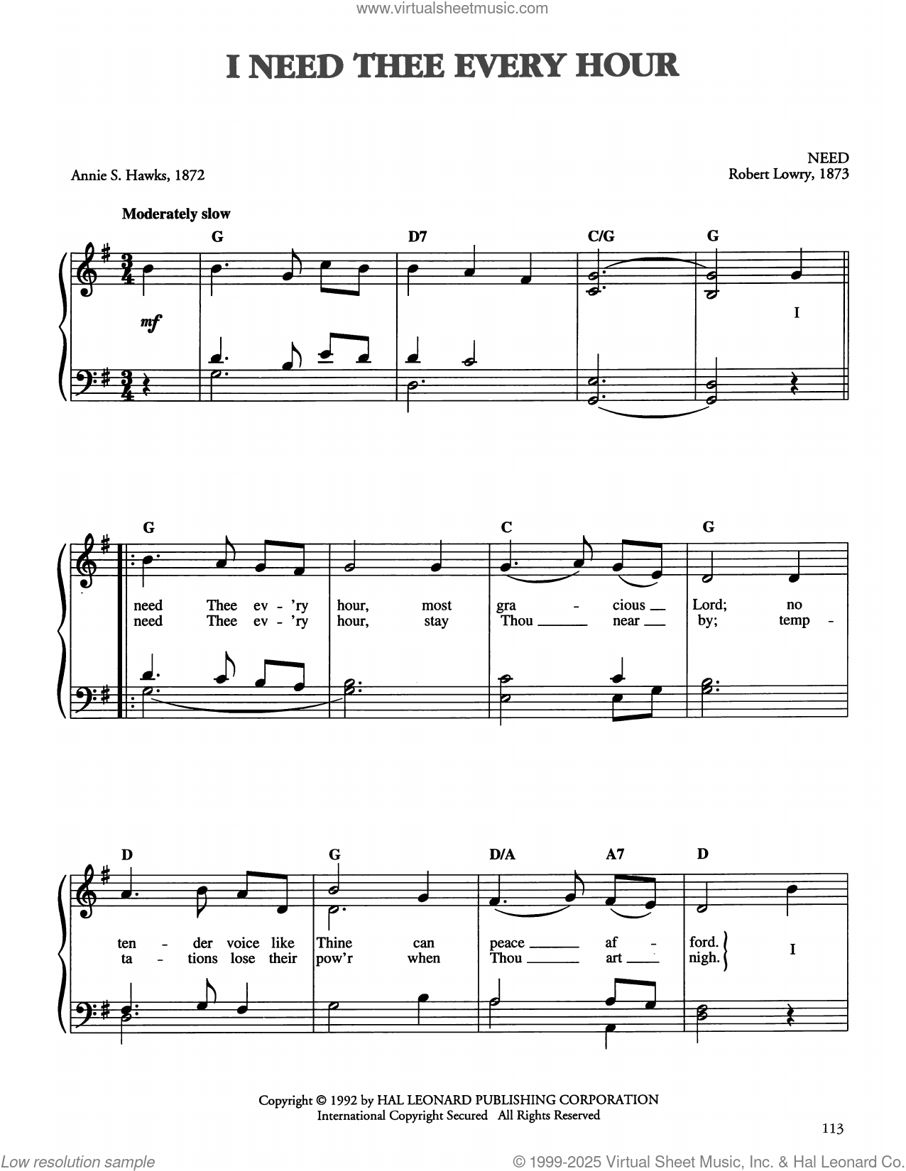 I Need Thee Every Hour sheet music (easy version 2) for piano solo