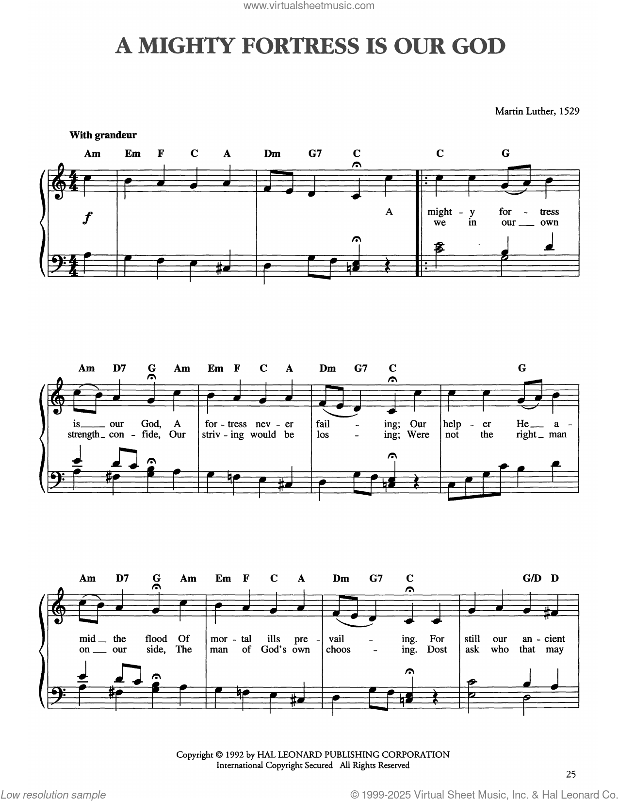 A Mighty Fortress Is Our God sheet music for piano solo (PDF)