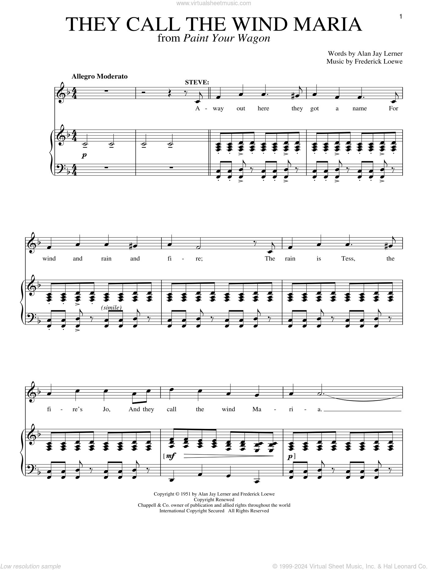 They Call The Wind Maria sheet music for voice and piano (PDF)