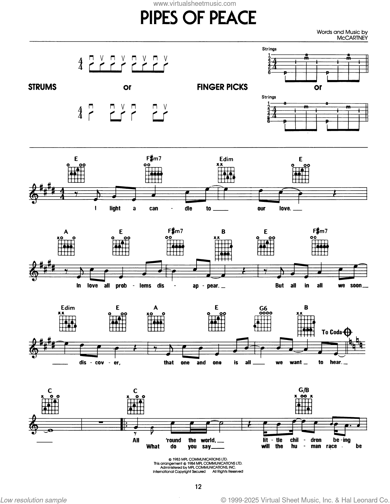 Pipes Of Peace sheet music for guitar solo (chords) (PDF)