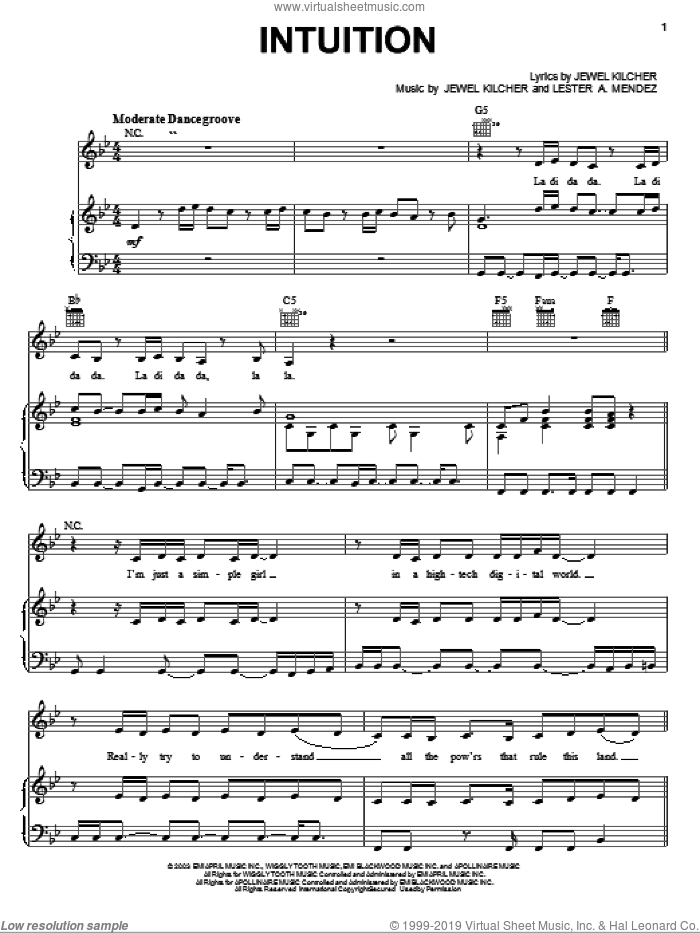 Jewel: Intuition sheet music for voice, piano or guitar (PDF)