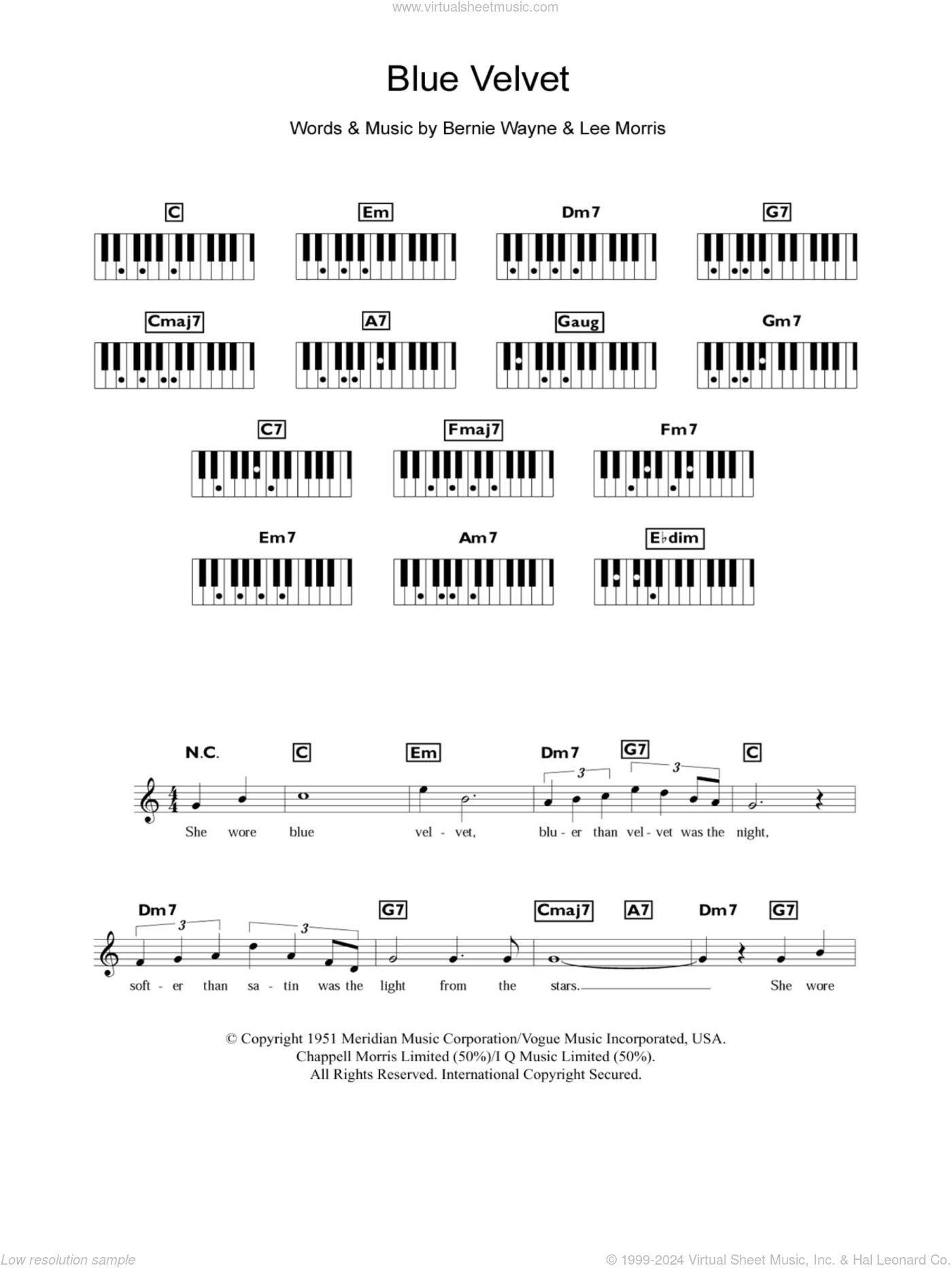 Blue Velvet sheet music for piano solo (chords, lyrics, melody) v2