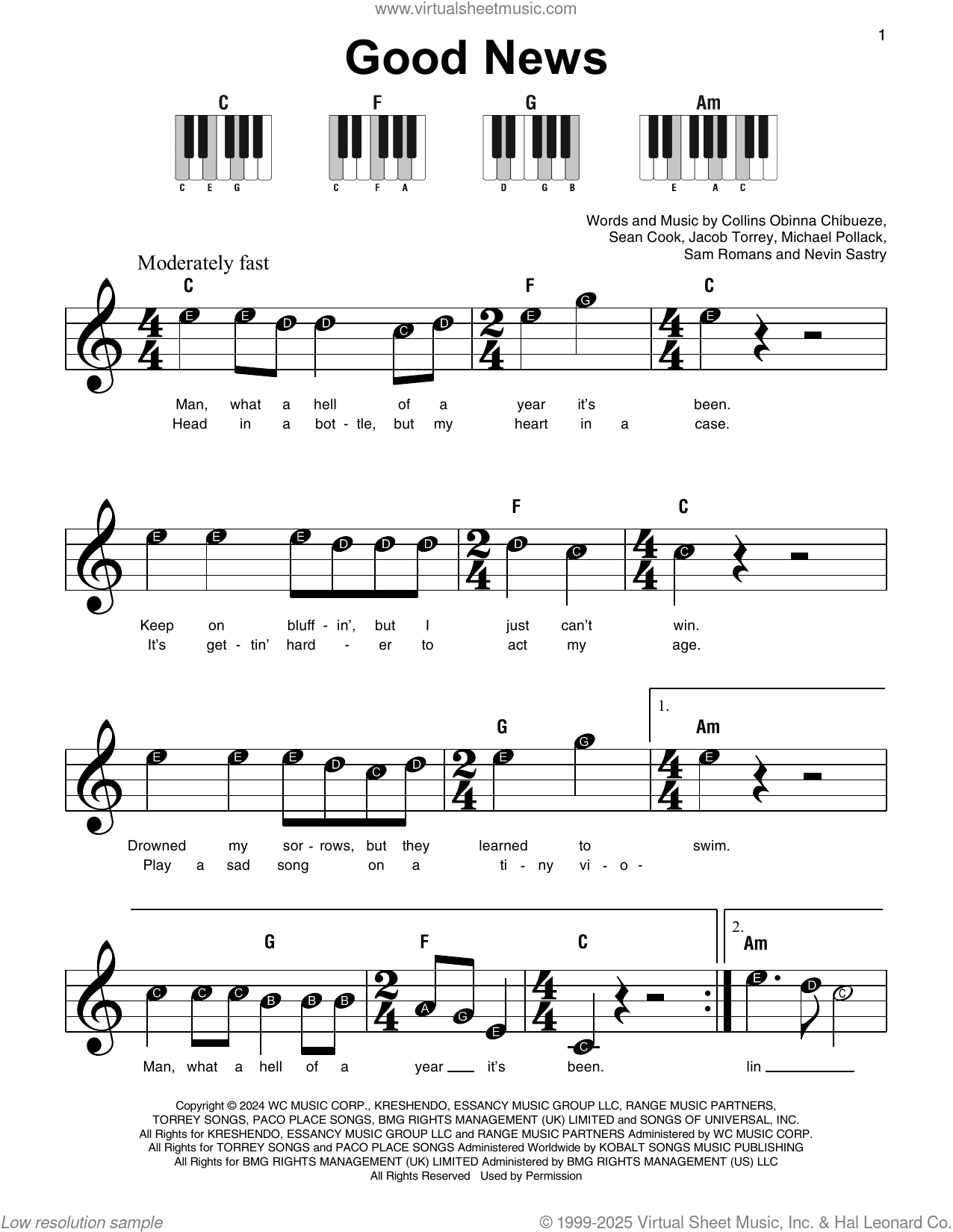 Shaboozey: Good News sheet music for piano solo (PDF)