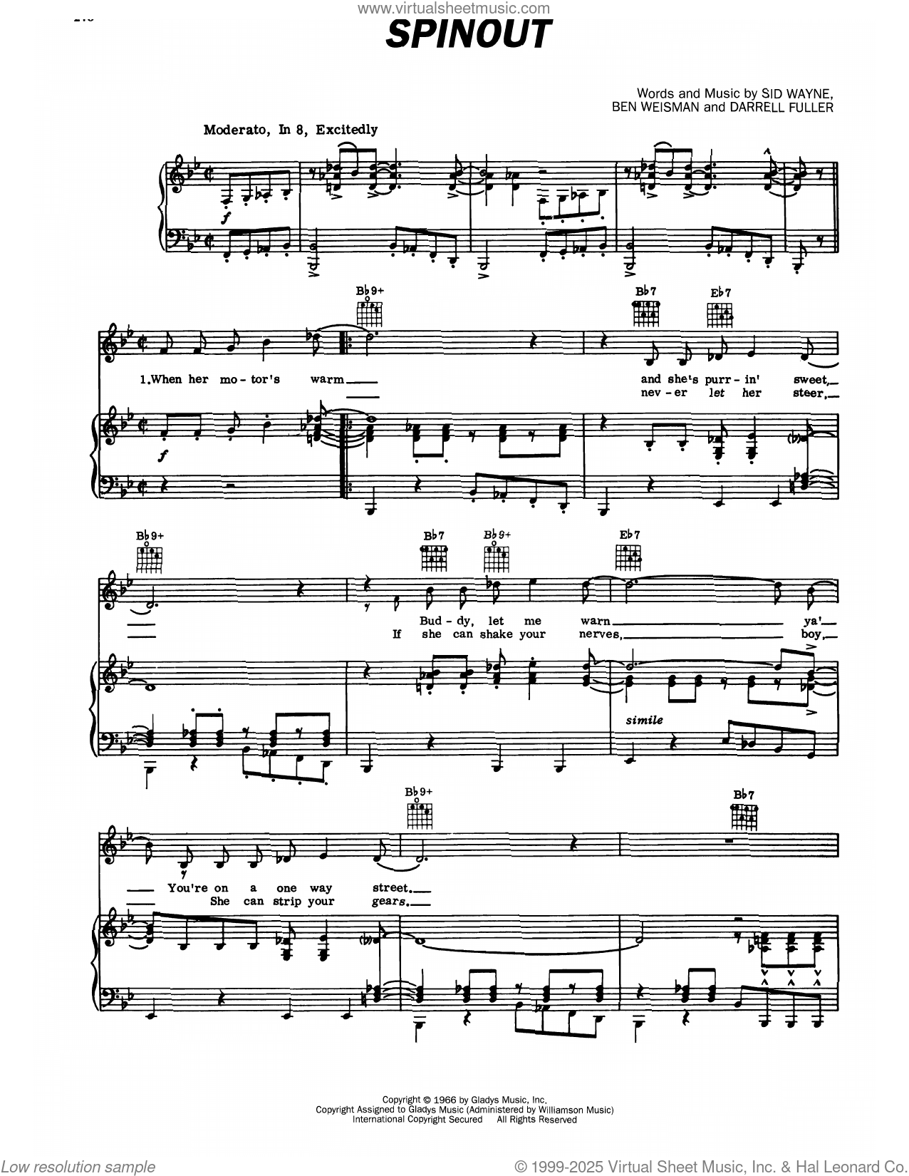 Spinout sheet music for voice, piano or guitar (PDF)