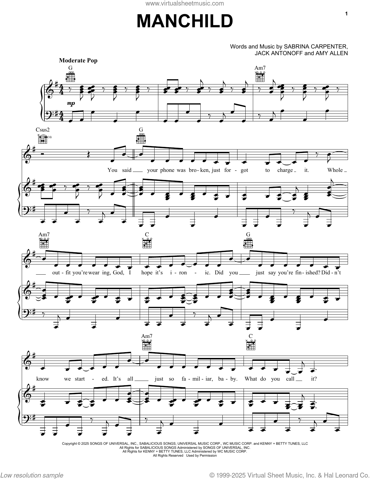 Manchild sheet music for voice, piano or guitar (PDF-interactive)