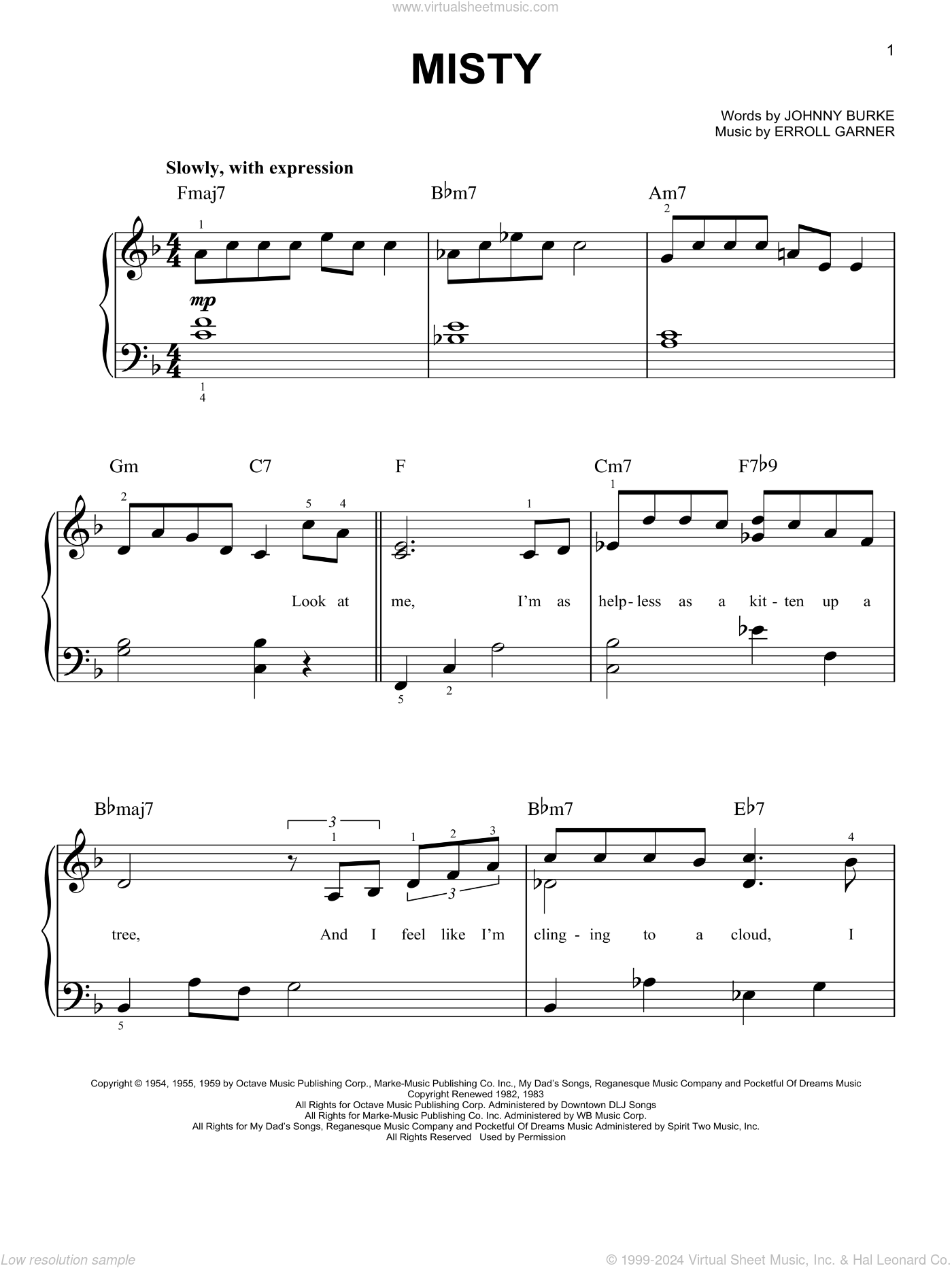 Misty, (easy) sheet music for piano solo (PDF-interactive)