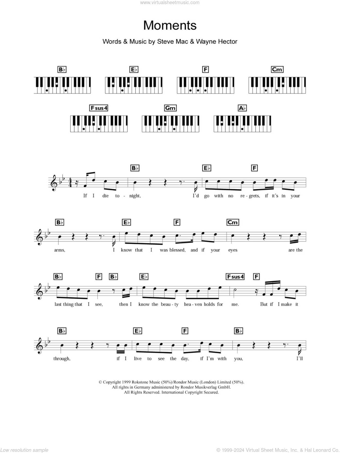 Moments sheet music for piano solo (chords, lyrics, melody) (PDF)