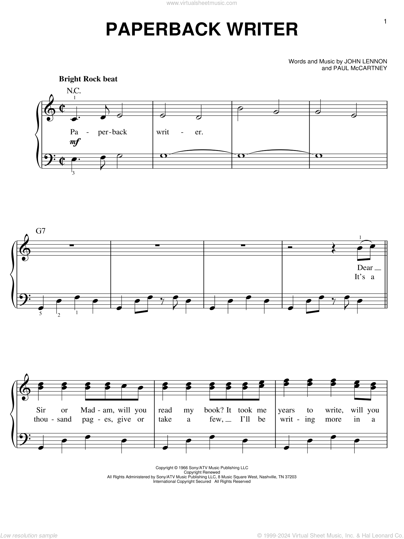 Paperback Writer, (easy) sheet music for piano solo (PDF)
