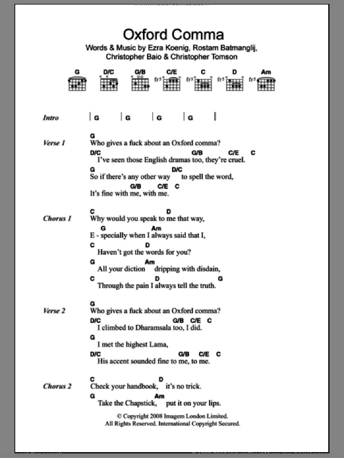 Oxford Comma sheet music for guitar (chords) (PDF)