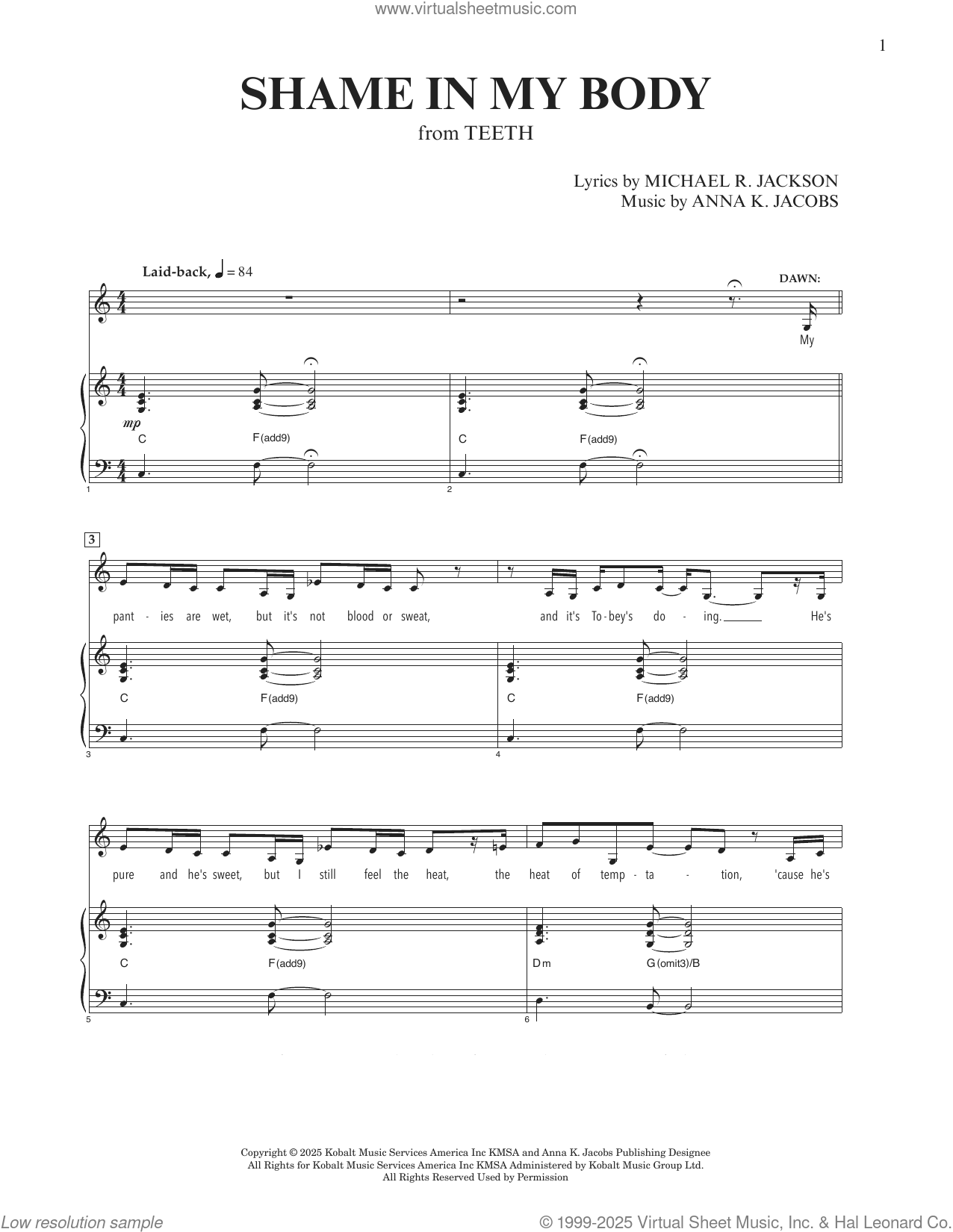 Shame In My Body (from Teeth) sheet music for voice and piano