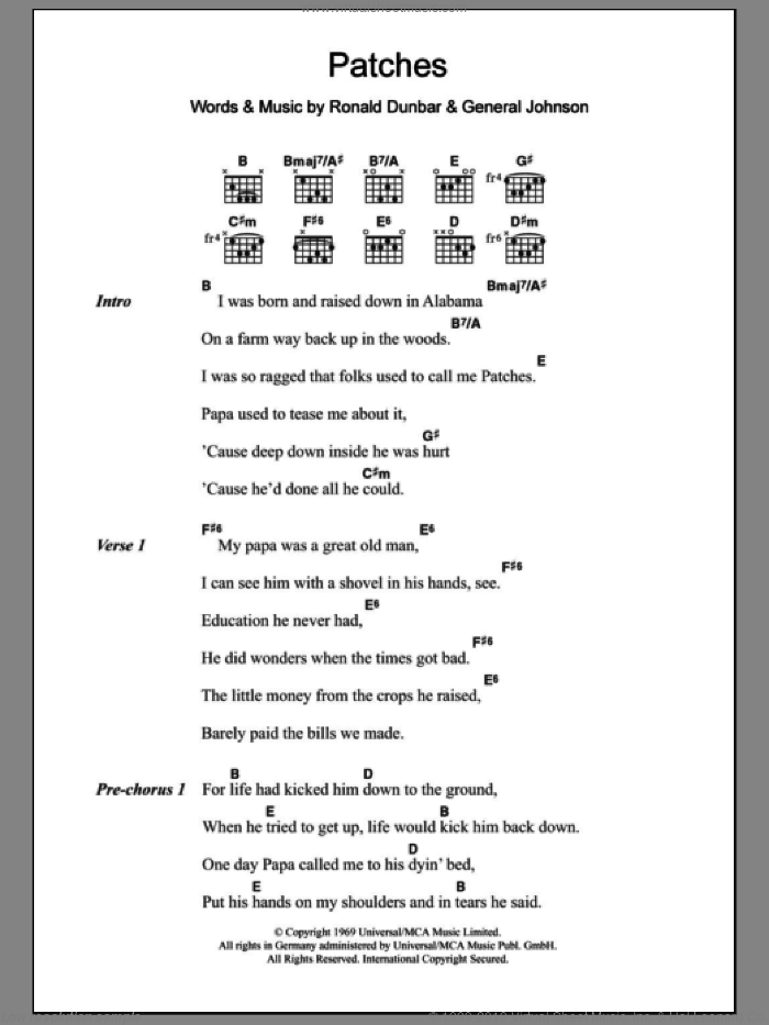 Patches sheet music for guitar (chords) (PDF)
