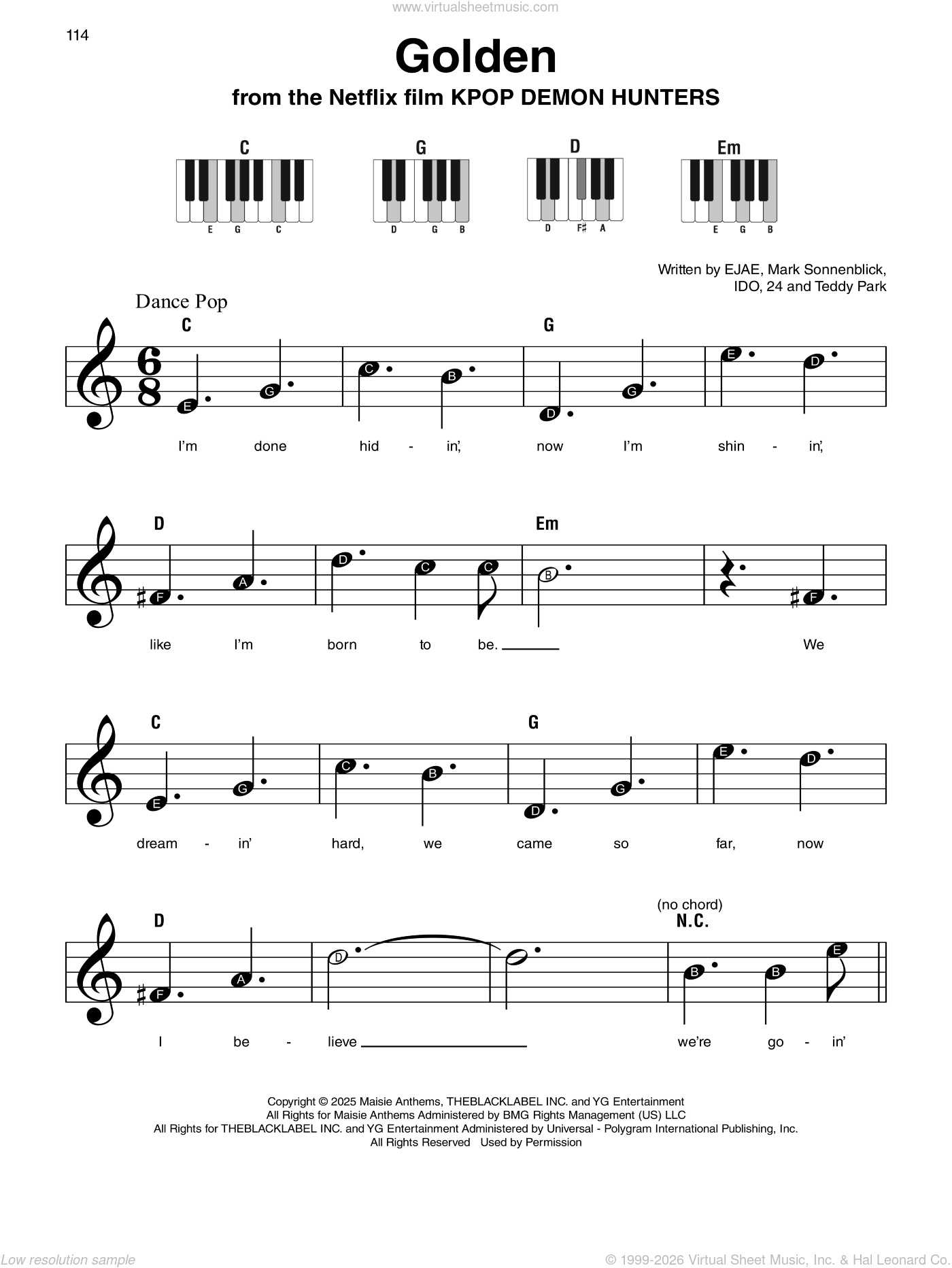 Golden (from KPop Demon Hunters), (beginner) sheet music for piano solo