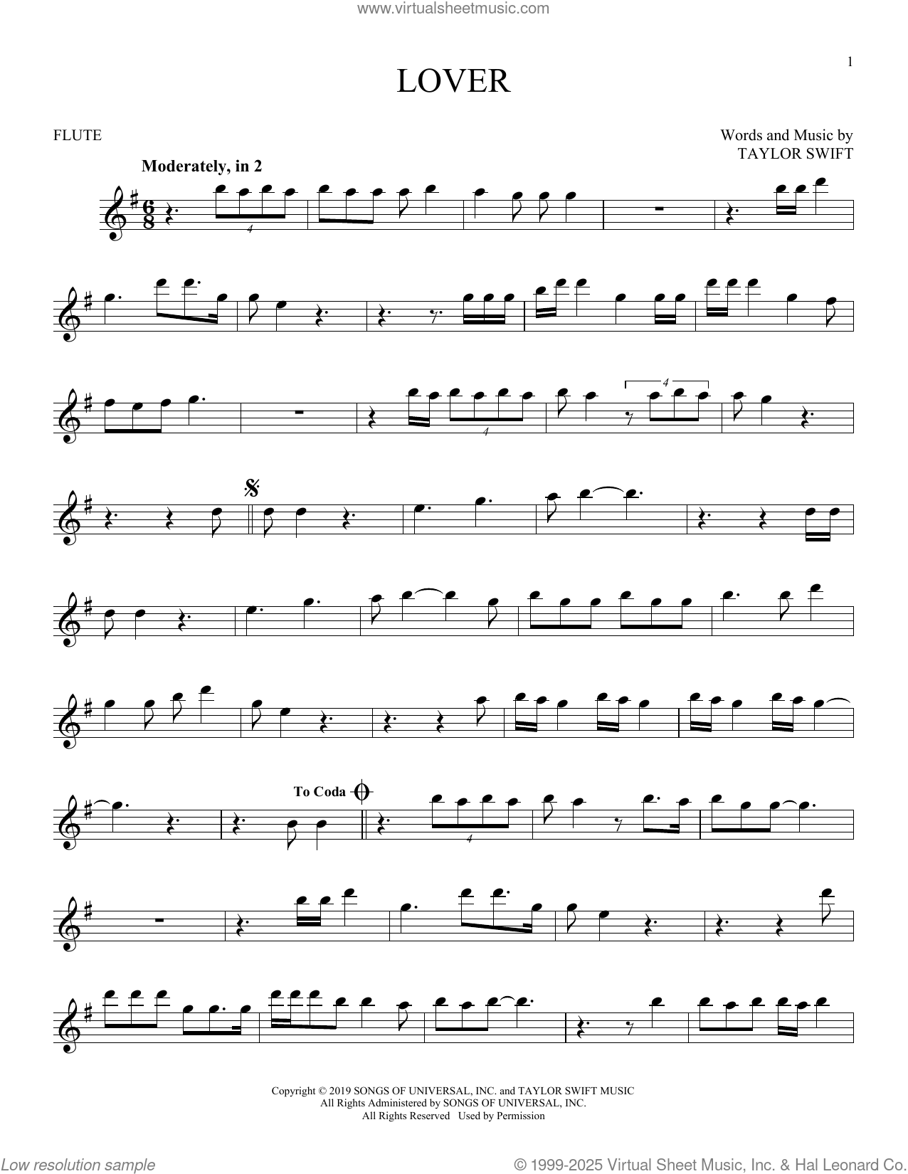 Lover sheet music for flute solo (PDF-interactive)