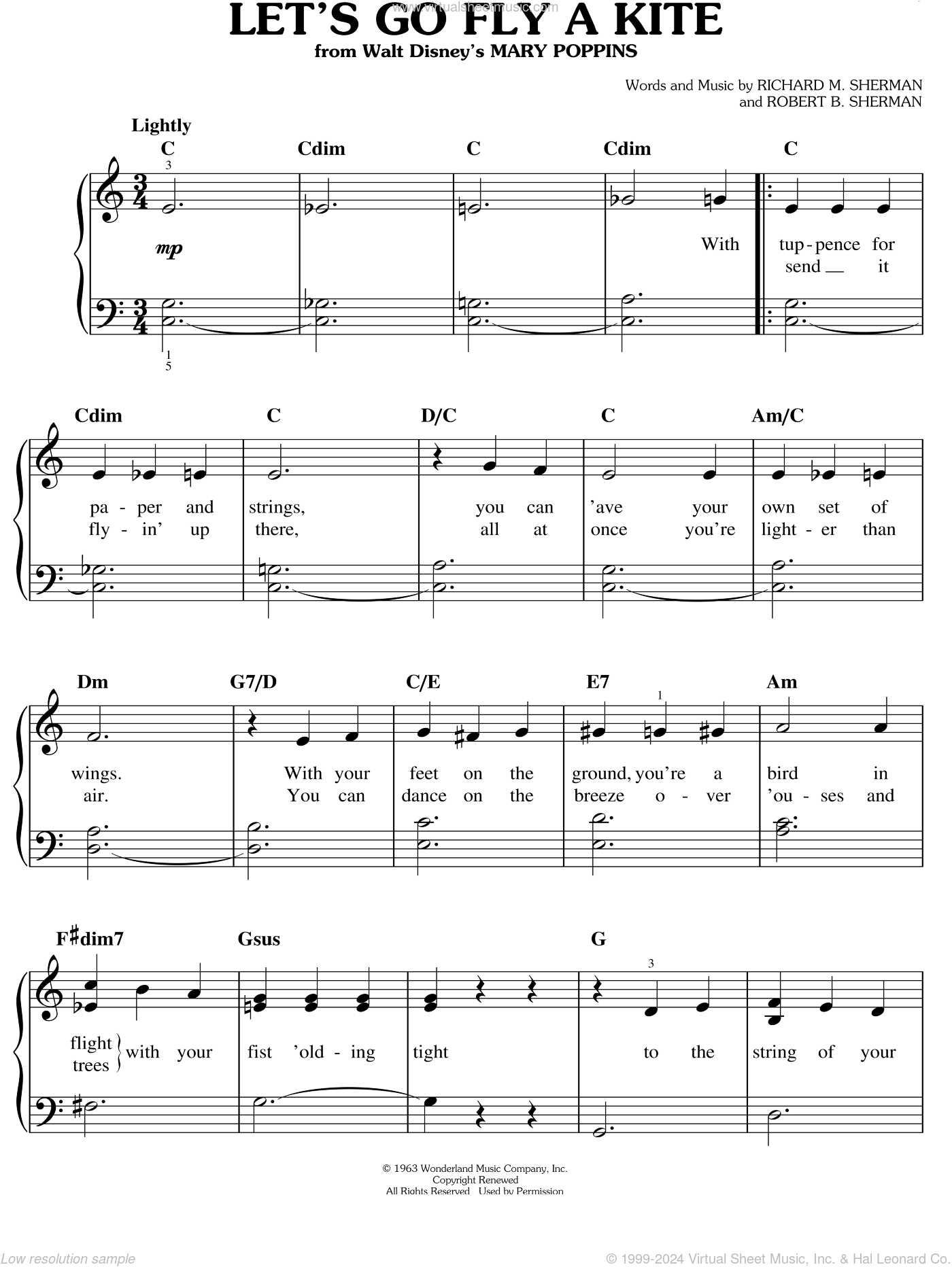 Let's Go Fly A Kite (from Mary Poppins) sheet music (easy) for piano solo