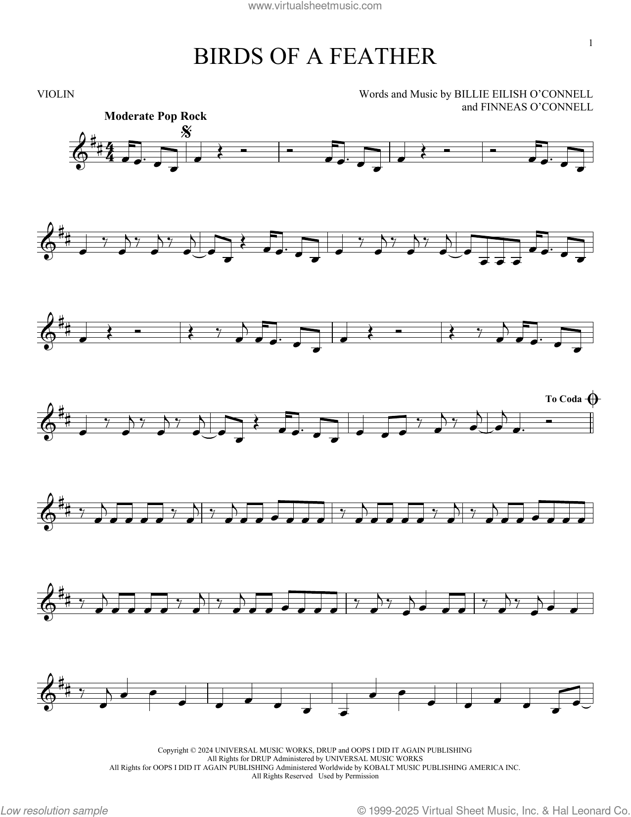 Birds Of A Feather sheet music for violin solo (PDF-interactive)