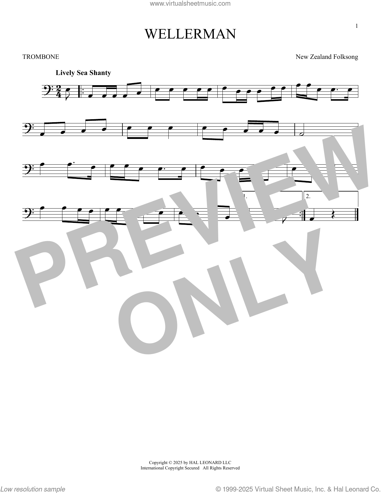 Wellerman sheet music for trombone solo (PDF-interactive)