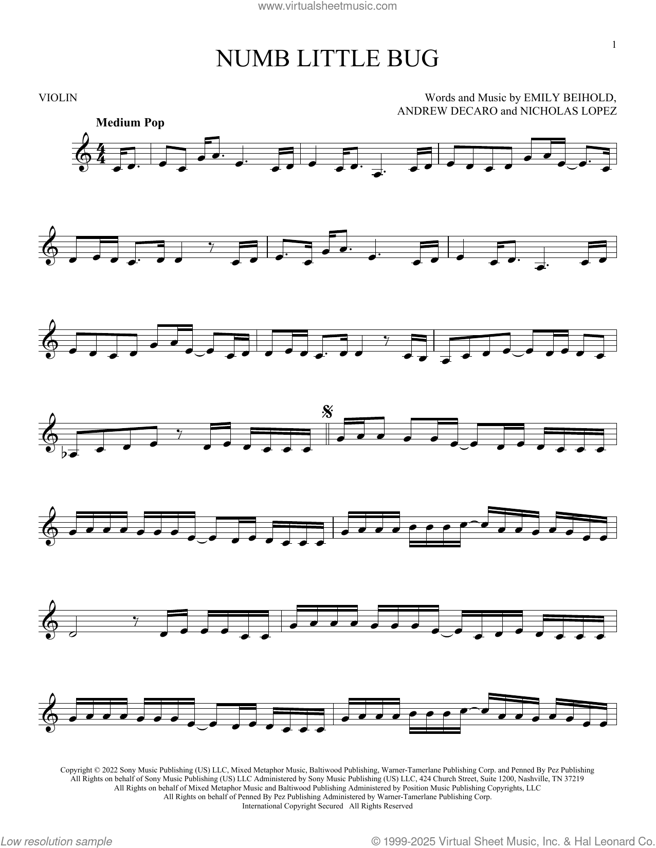 Numb Little Bug sheet music for violin solo (PDF-interactive)