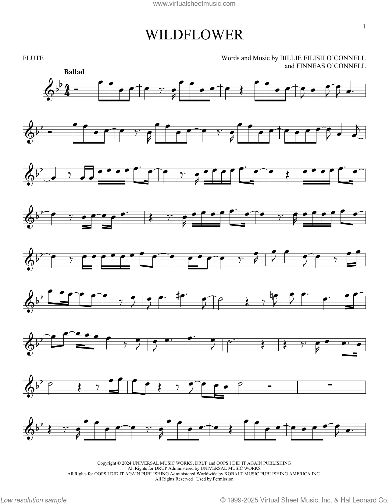 Wildflower sheet music for flute solo (PDF-interactive)
