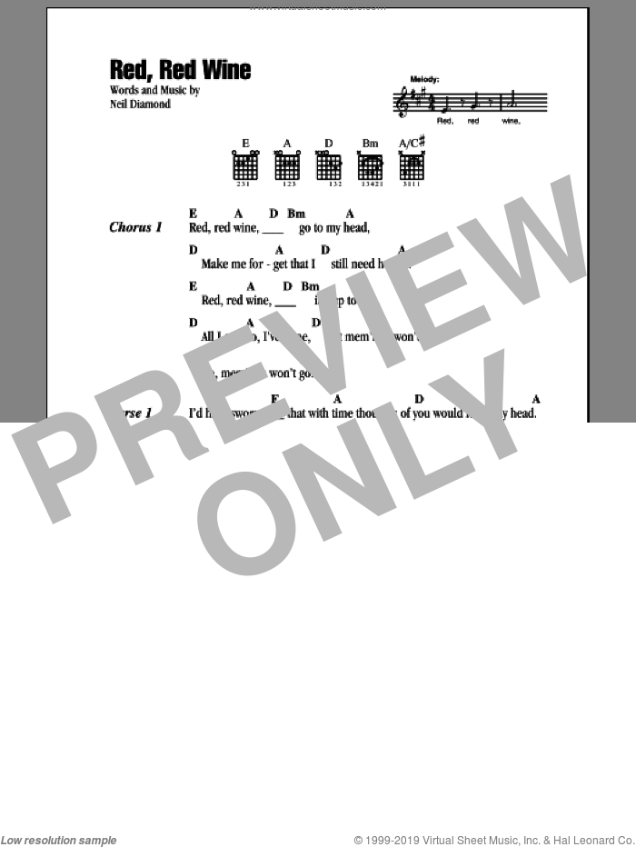 Neil Diamond: Red, Red Wine sheet music for guitar (chords) (PDF)