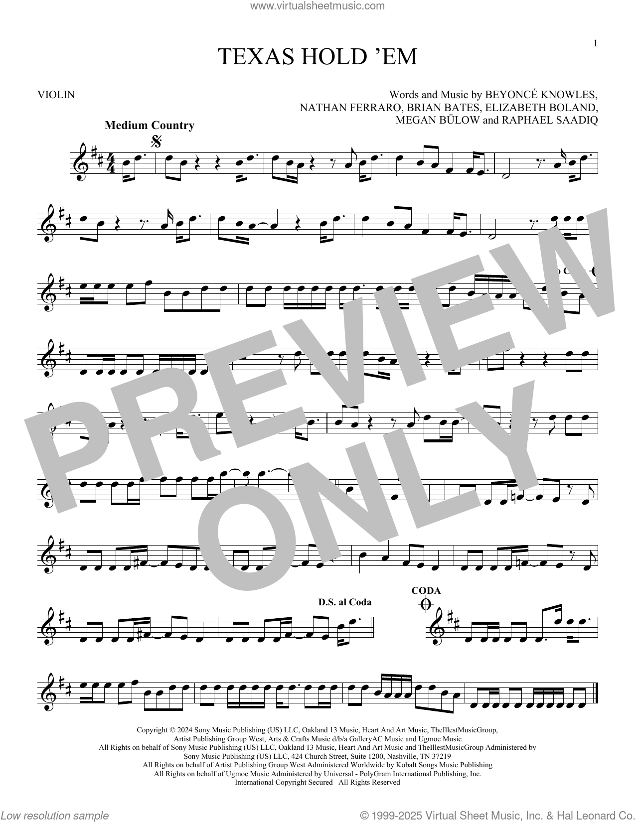 Texas Hold 'Em sheet music for violin solo (PDF-interactive)