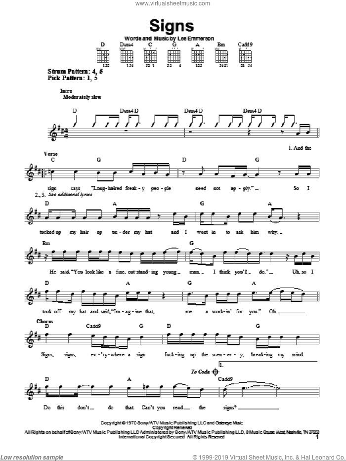 Signs sheet music (easy) for guitar solo (chords) (PDF)