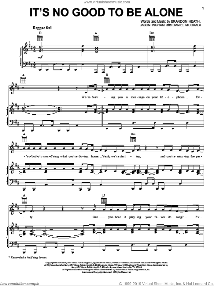 It's No Good To Be Alone sheet music for voice, piano or guitar
