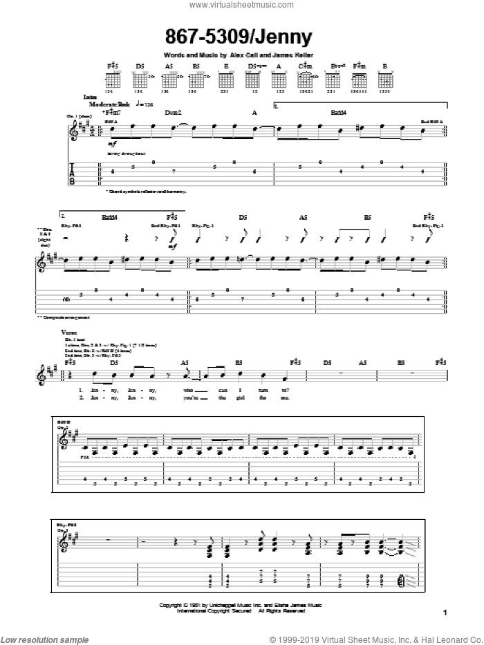 Tutone - 867-5309/Jenny sheet music for guitar (tablature) (PDF)