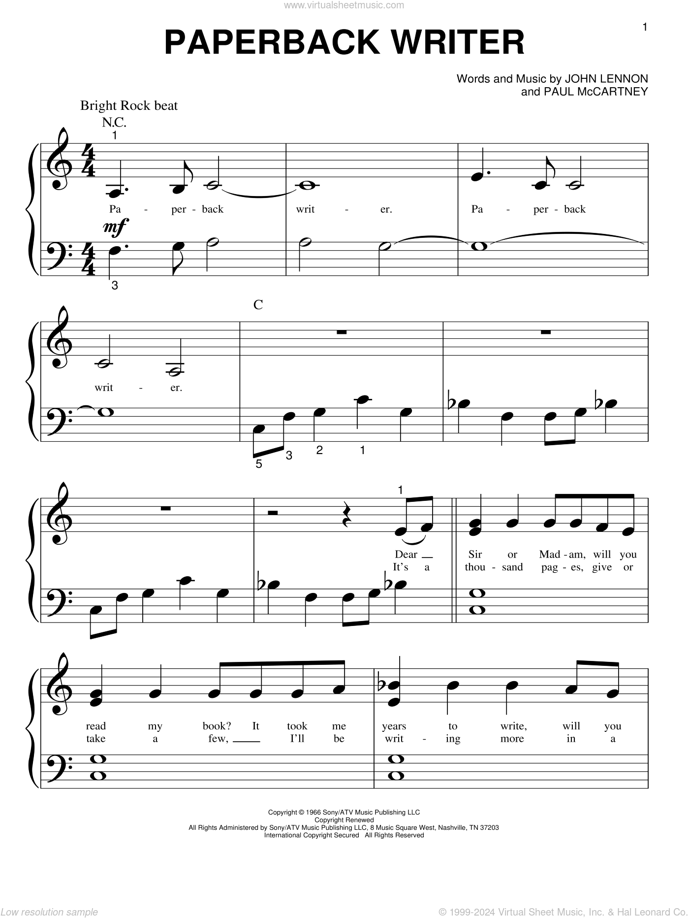 Paperback Writer sheet music for piano solo (big note book) (PDF)