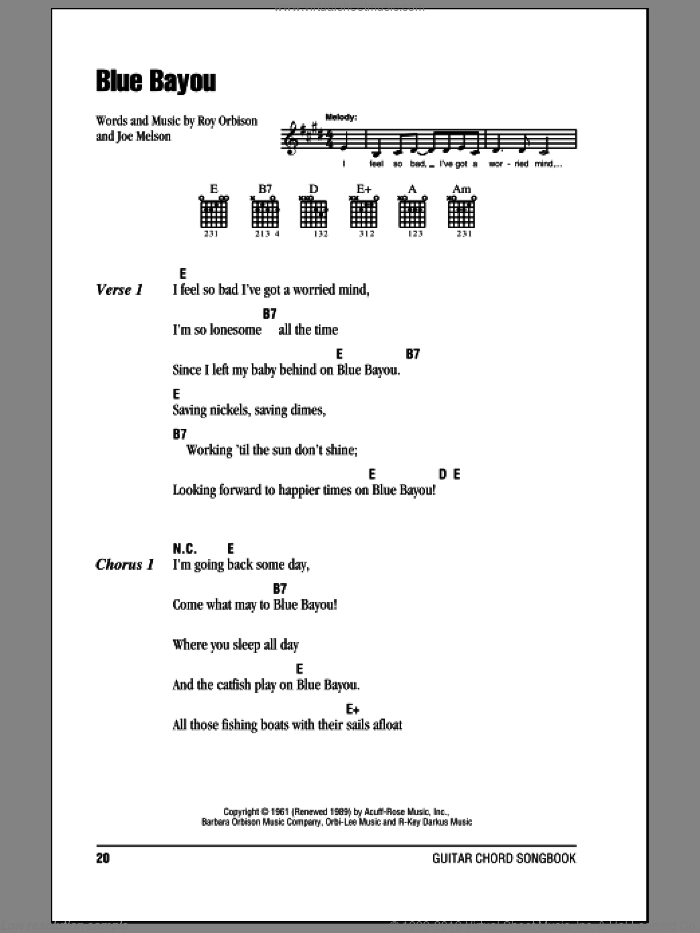 Blue Bayou sheet music for guitar (chords) (PDF) v2