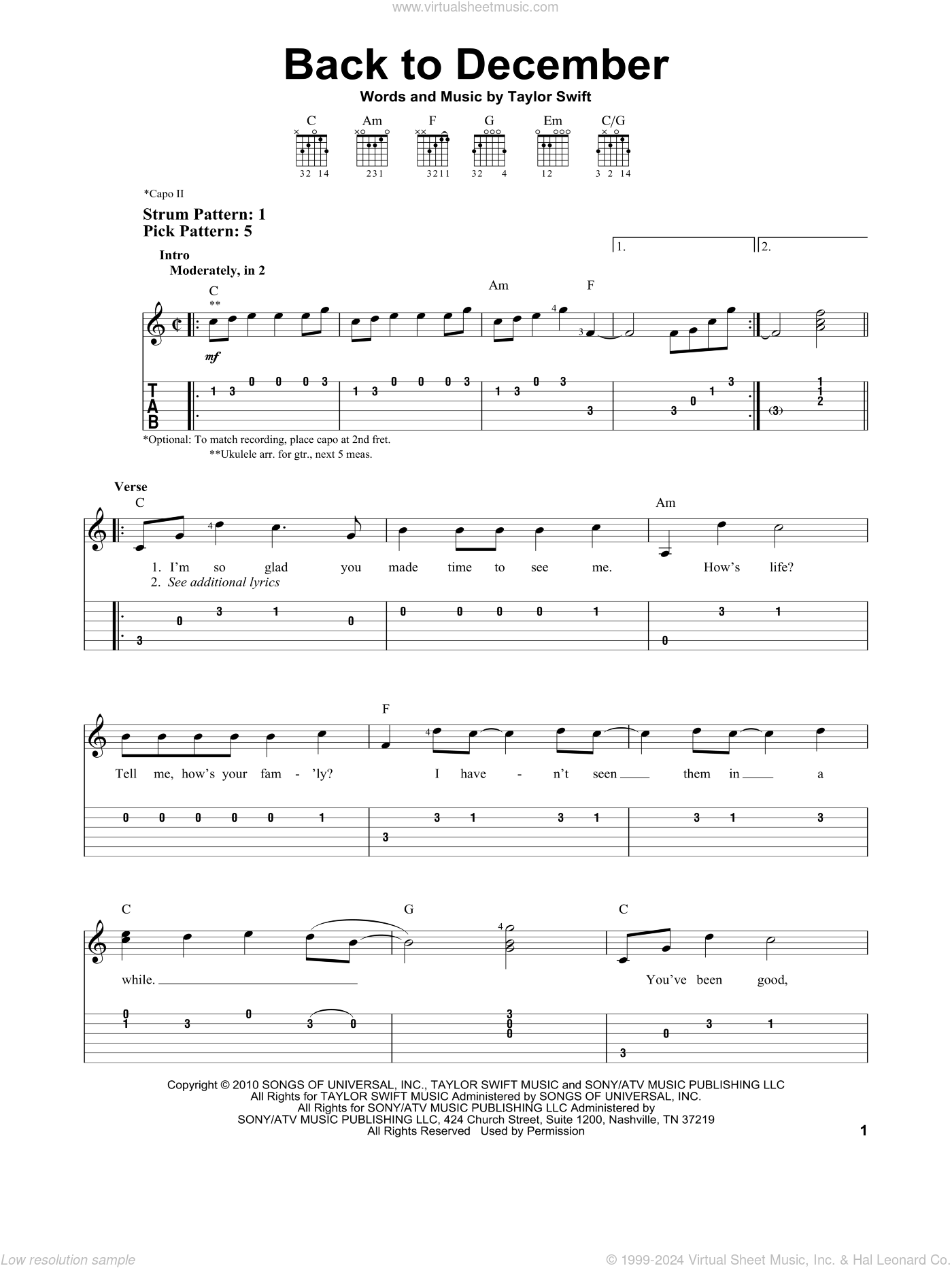 Back To December sheet music (easy) for guitar solo (easy tablature)