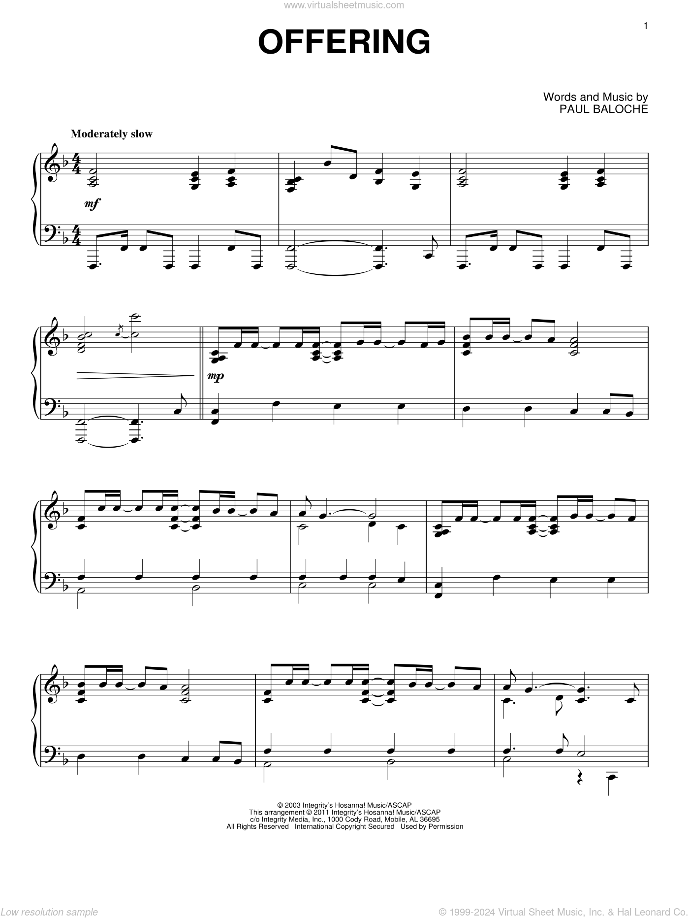 Offering, (intermediate) sheet music for piano solo (PDF)