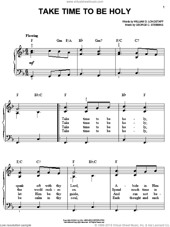 Take Time To Be Holy sheet music for piano solo (PDF-interactive)